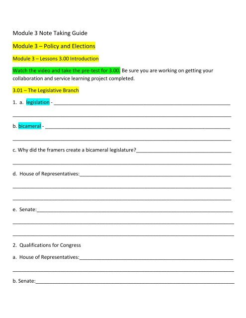 Module 3 Note Taking Guide Module 3 â Policy and Elections