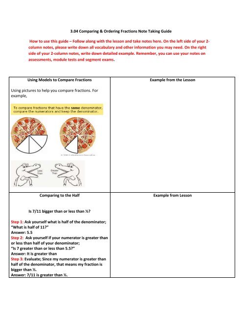 3.04 Comparing & Ordering Fractions Note Taking Guide How to ...