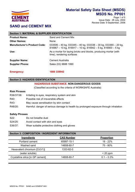 MSDS No. PP001 SAND and CEMENT MIX