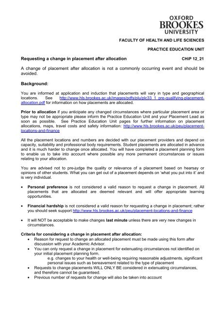 Requesting a change in placement after allocation A change of ...