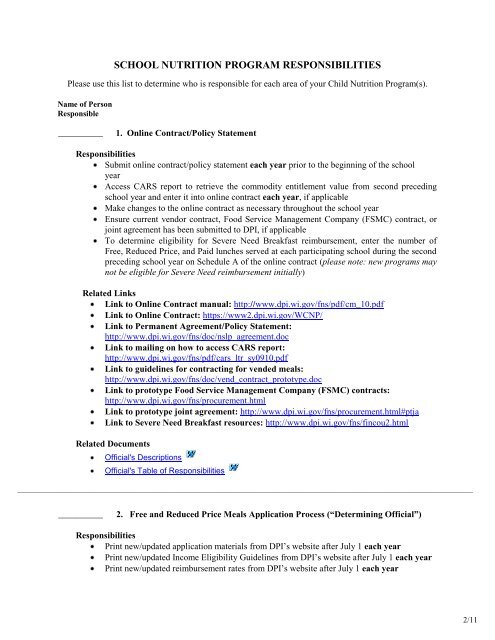 School Nutrition Program Responsibilities - WI Child Nutrition ...