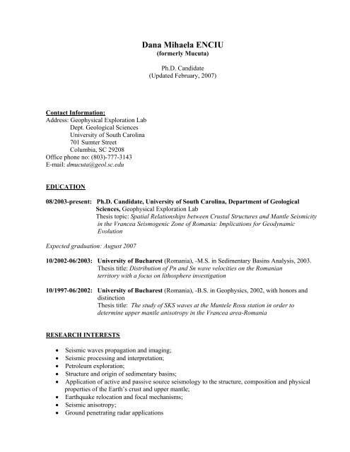 CV Dana ENCIU - Tectonics & Geophysics Lab - University of South ...