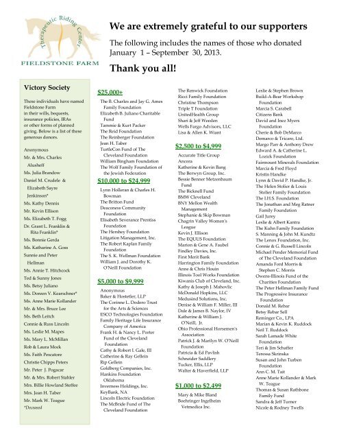 Donor List - Fieldstone Farm Therapeutic Riding Center