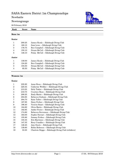 SASA Eastern District 1m Championships - Edinburgh Diving Club