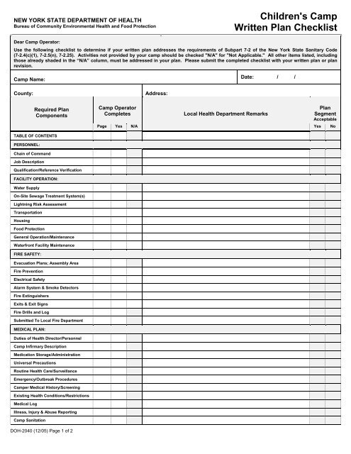 Children's Camp Written Plan Checklist (DOH-2040) - New York State