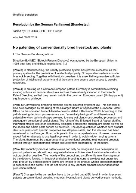 unofficial translation into English - No Patents on Seeds