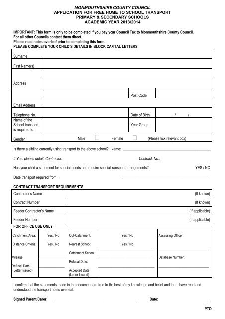 Free home to school transport application form - Monmouthshire ...