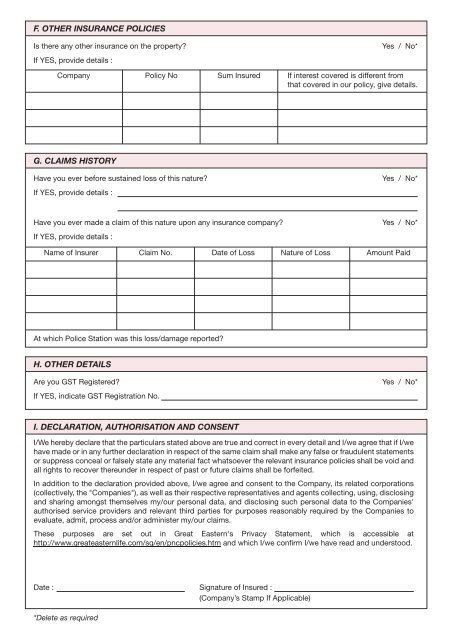 Property Claim Form - Great Eastern Life
