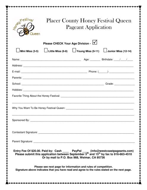 Placer County Honey Festival Queen Pageant Application