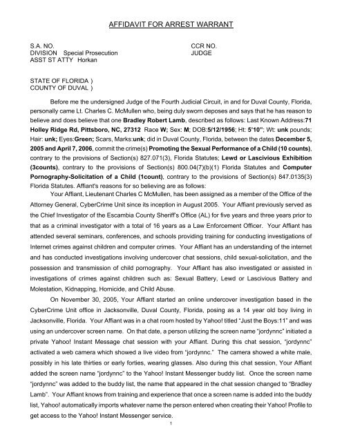 AFFIDAVIT FOR ARREST WARRANT - Florida Attorney General