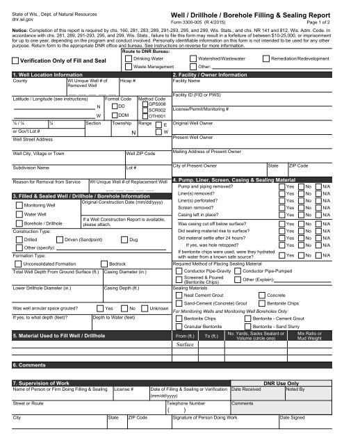 Well / Drillhole / Borehole Filling & Sealing Form 3300-005