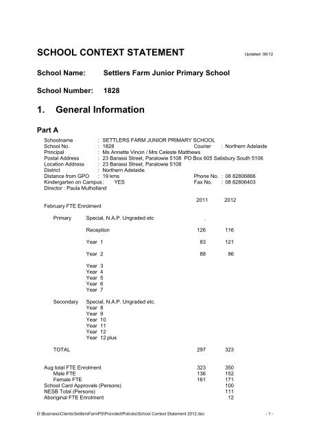 SCHOOL CONTEXT STATEMENT - Settlers Farm
