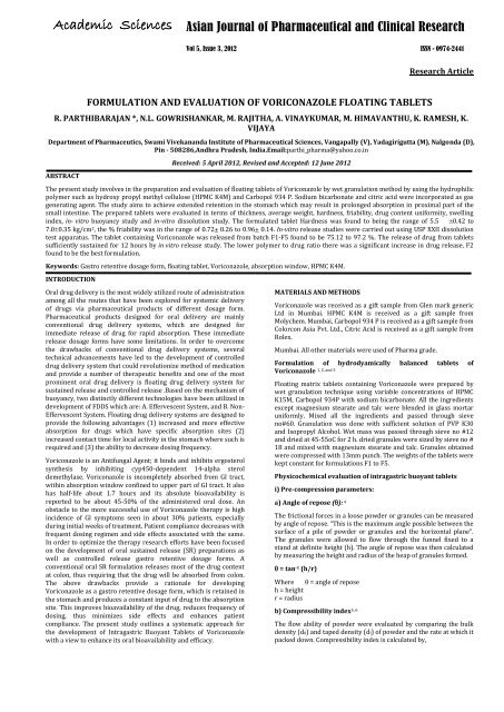 Formulation And Evaluation Of Voriconazole Floating Tablets