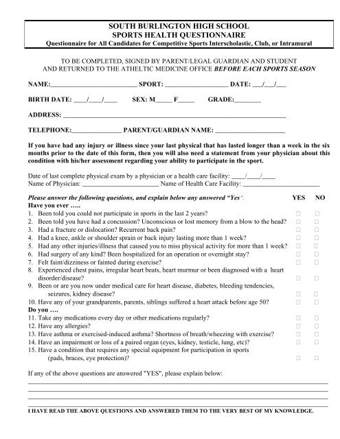 south burlington high school sports health questionnaire