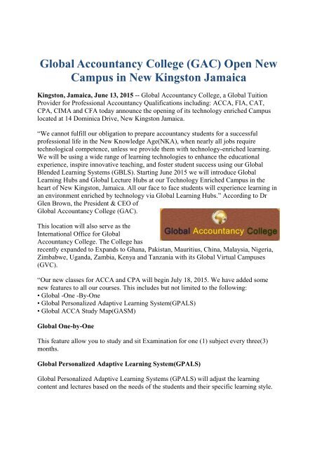 Global Accountancy College (GAC) Open New Campus in New Kingston Jamaica