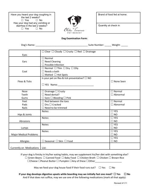 Pet Examination Form: - Olde Towne Pet Resort
