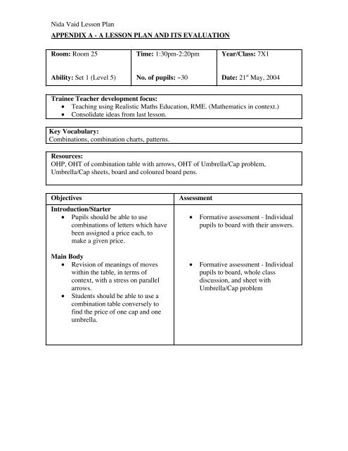 Appendix A Lesson Plan And Evaluation