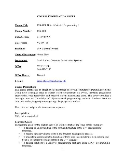 COURSE INFORMATION SHEET - Blogs@Baruch - CUNY