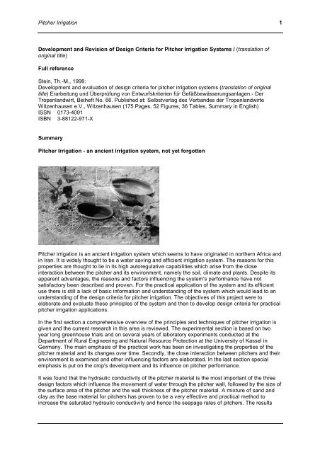 Development and Revision of Design Criteria for Pitcher Irrigation ...