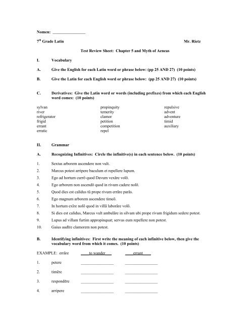 7th Grade Latin Mr. Rietz Test Review Sheet ... - Bgawebsites.org