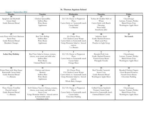 August-September Lunch Menu - St. Thomas Aquinas School