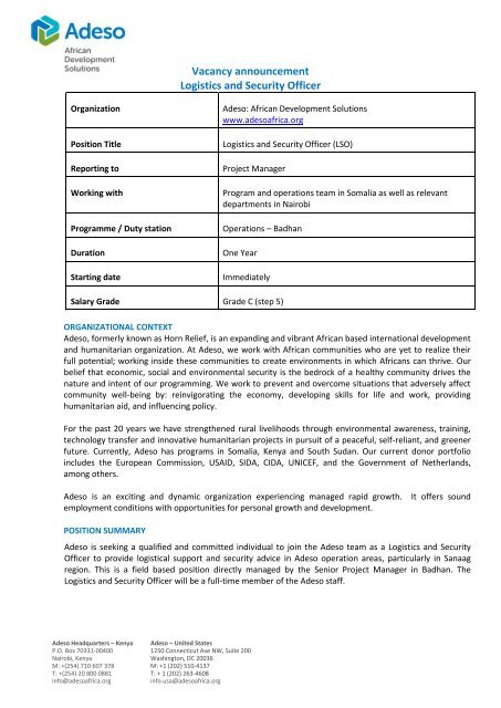 Vacancy announcement Logistics and Security Officer - Adeso