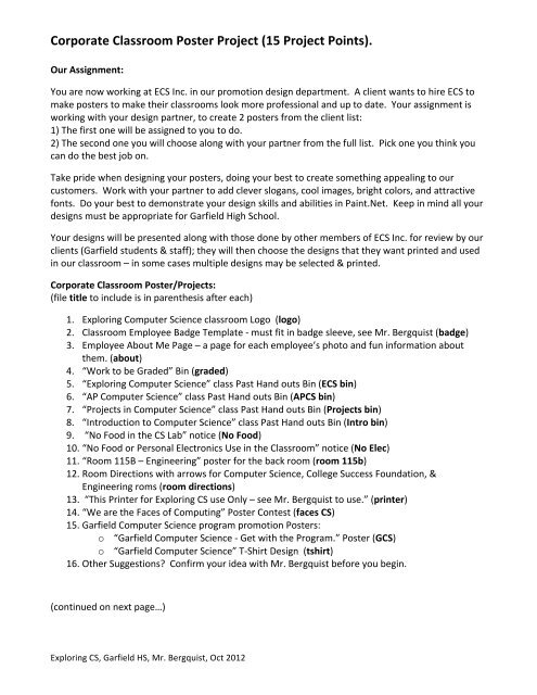 Corporate Classroom Poster Project - Garfield Computer Science