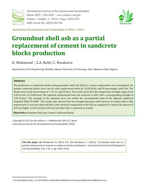 Groundnut shell ash as a partial replacement of cement in sandcrete ...