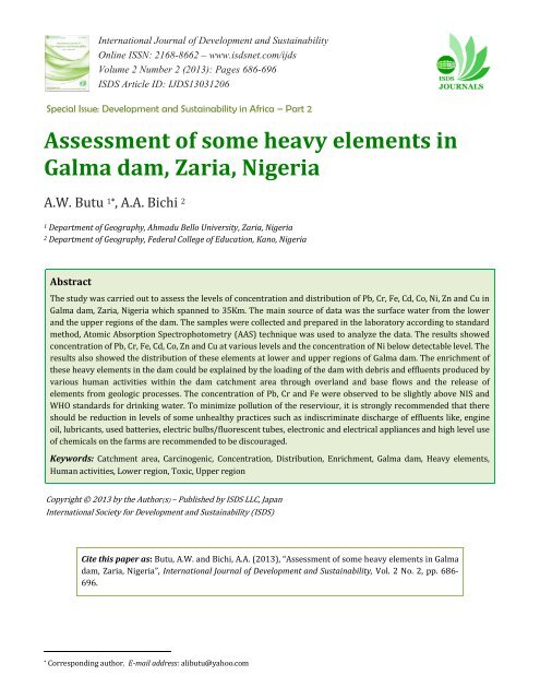 Assessment of some heavy elements in Galma dam, Zaria, Nigeria
