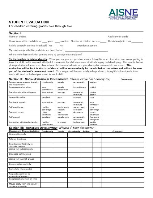 Grades 2-5 Evaluation Form - Dedham Country Day School