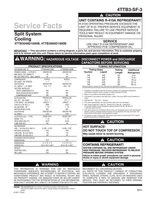 Service Facts Split System Cooling Model 4TTB3048D1000B and ...