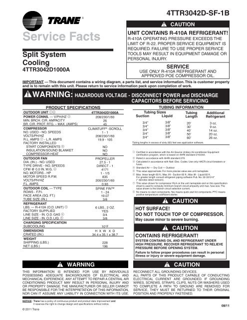 Trane Service Facts Split System Cooling 4TTR3042D1000A