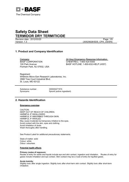Safety Data Sheet TERMIDOR DRY TERMITICIDE - Label