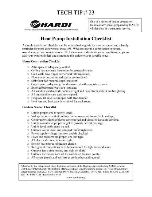 Heat pump installatoin checklist - HVAC Sales & Supply Co., Inc.