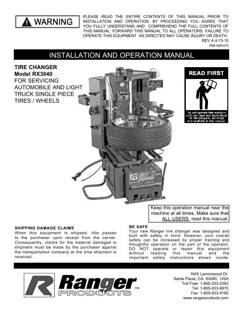 Ranger model RX3040 Operating/Instruction Manual - Equiptool