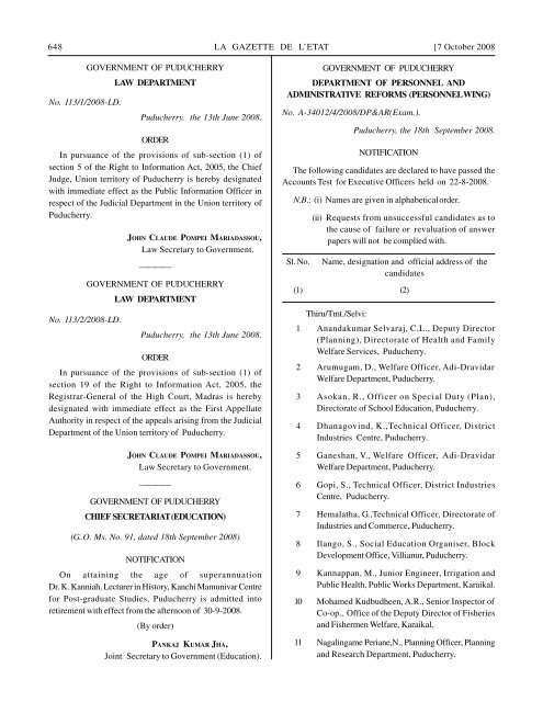 Government Notifications - Department of Stationery and Printing