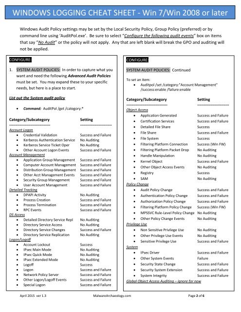 WINDOWS LOGGING CHEAT SHE