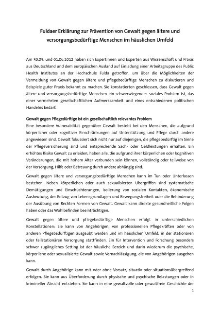 Fuldaer Erklärung zur Prävention von Gewalt ... - Hochschule Fulda