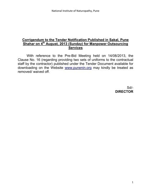 Corrigendum to the Tender Notification Published in Sakal, Pune ...