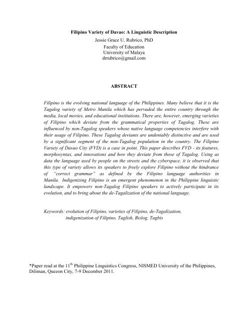 Filipino Variety of Davao - Languagelinks.org