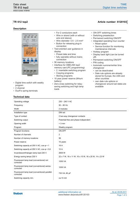 Data sheet TIME TR 612 top2 Digital time switches - Elnu.se