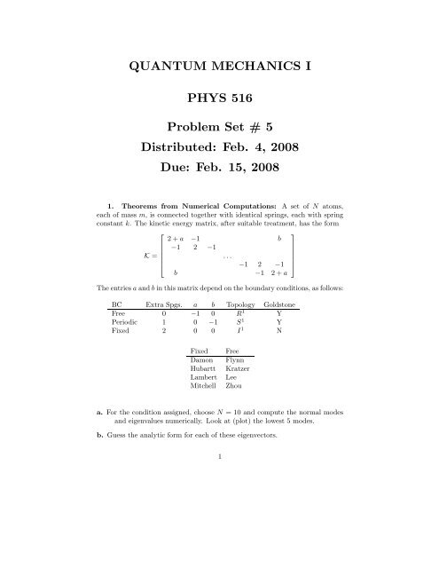 QUANTUM MECHANICS I PHYS 516 Problem Set # 5 Distributed ...