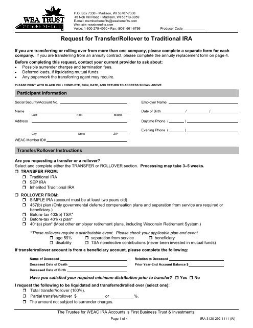 Request for Transfer/Rollover to Traditional IRA - WEA Trust ...