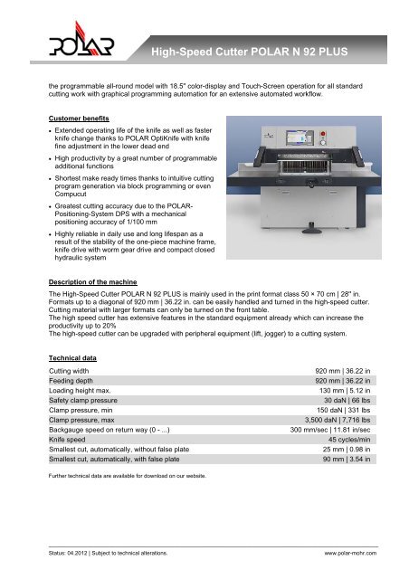 High-Speed Cutter POLAR N 92 PLUS - POLAR Mohr