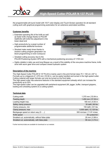 High-Speed Cutter POLAR N 137 PLUS - POLAR Mohr