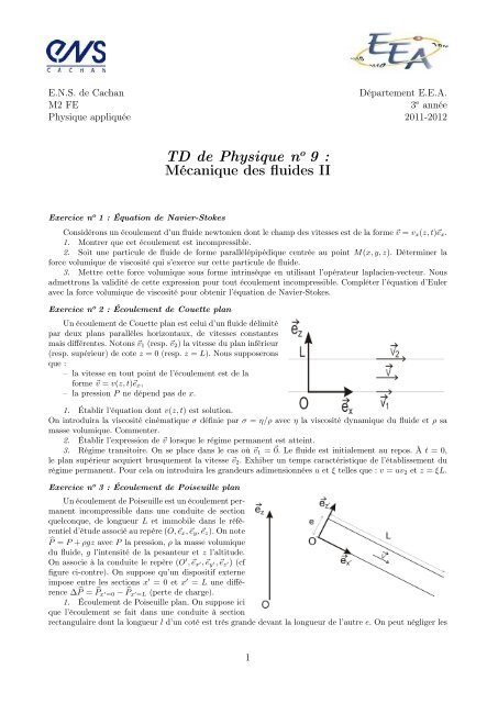 TD de Physique no 9 : Mécanique des fluides II