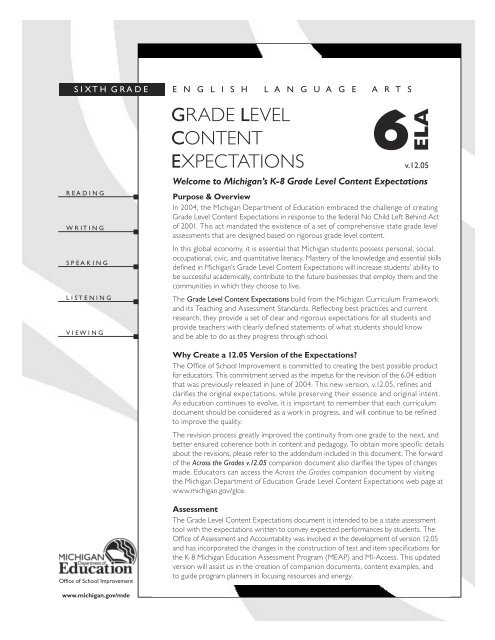 Grade Level Content Expectations (GLCE) - State of Michigan
