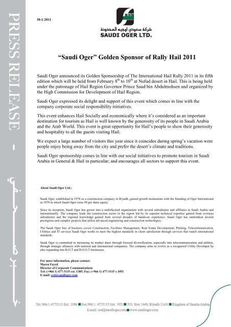 “Saudi Oger” Golden Sponsor of Rally Hail 2011