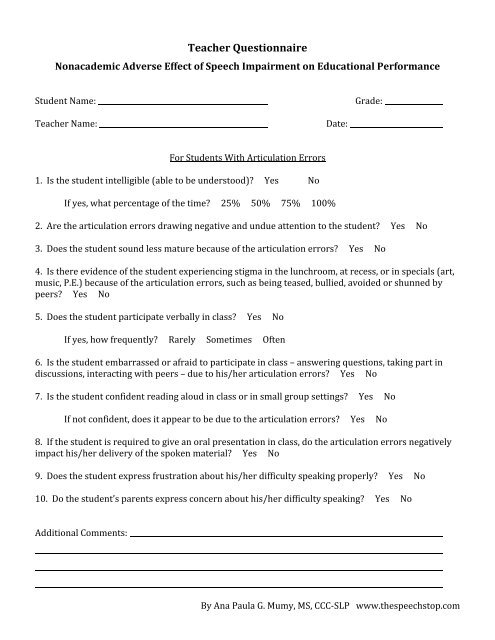 Teacher/SLP Questionnaire for Documenting ... - The Speech Stop