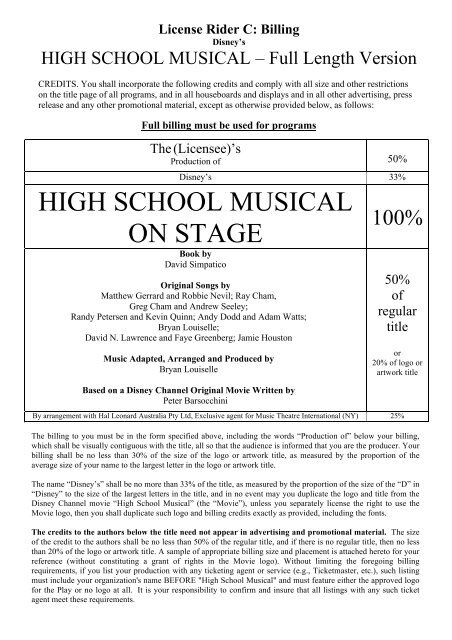 HIGH SCHOOL MUSICAL - FULL Billing - Hal Leonard Australia